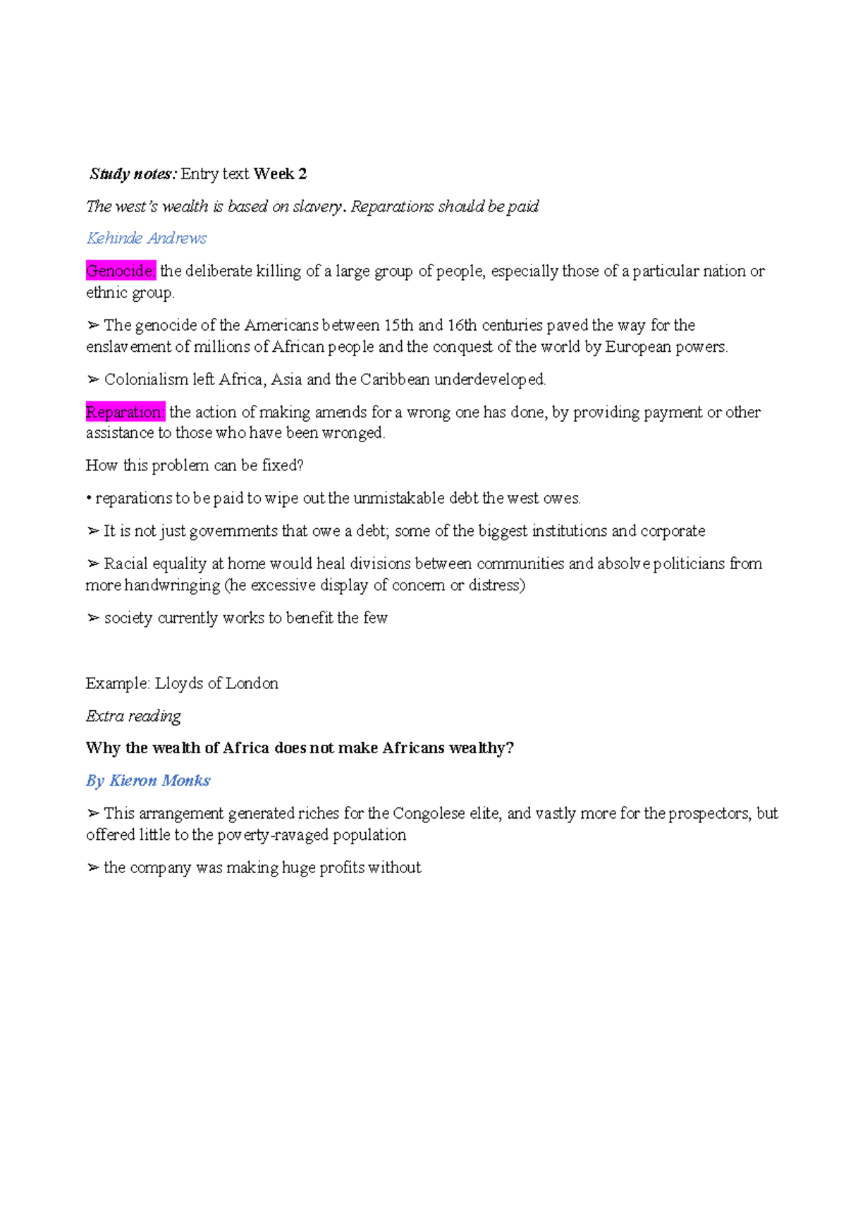 SOC 120 Week 2 Study Notes: Slavery, Genocide, and Reparations - Studocu