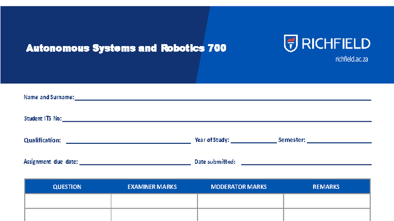 Autonomous Systems and Robotics 700 Assignment - Motion Planning & PID Control - Studocu