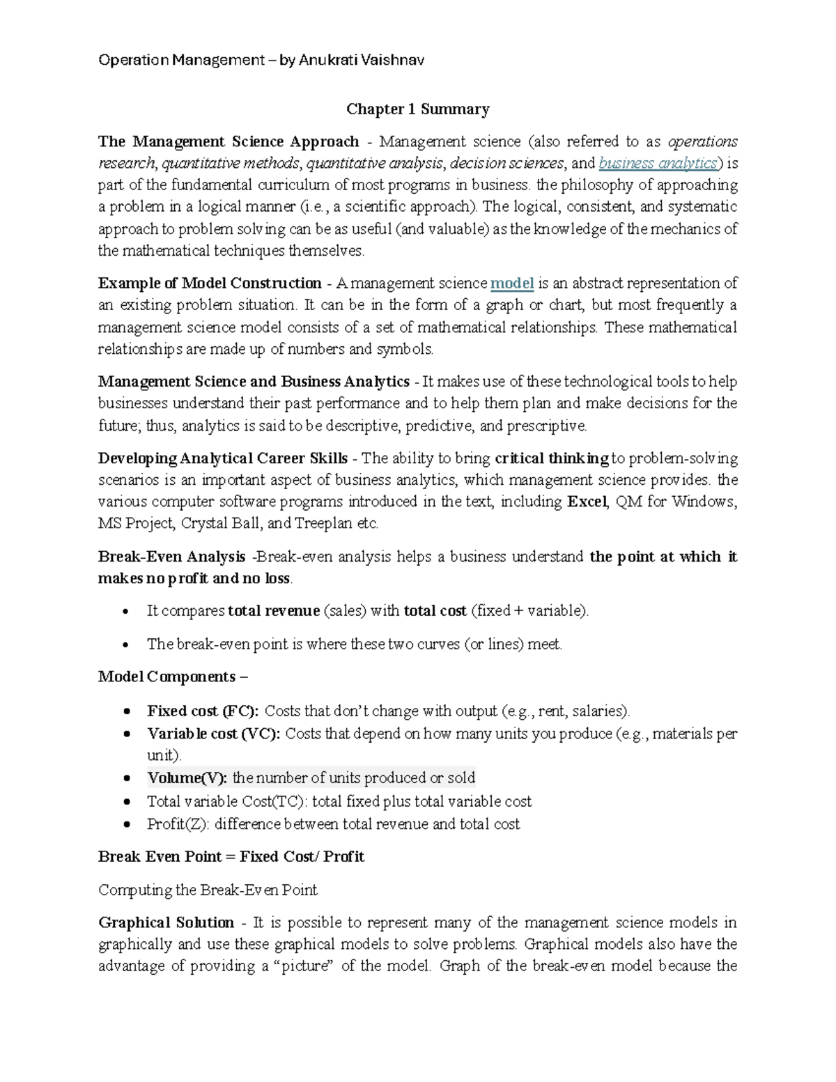 Operation Management (OM 101) Chapter 1 Summary: Management Science ...