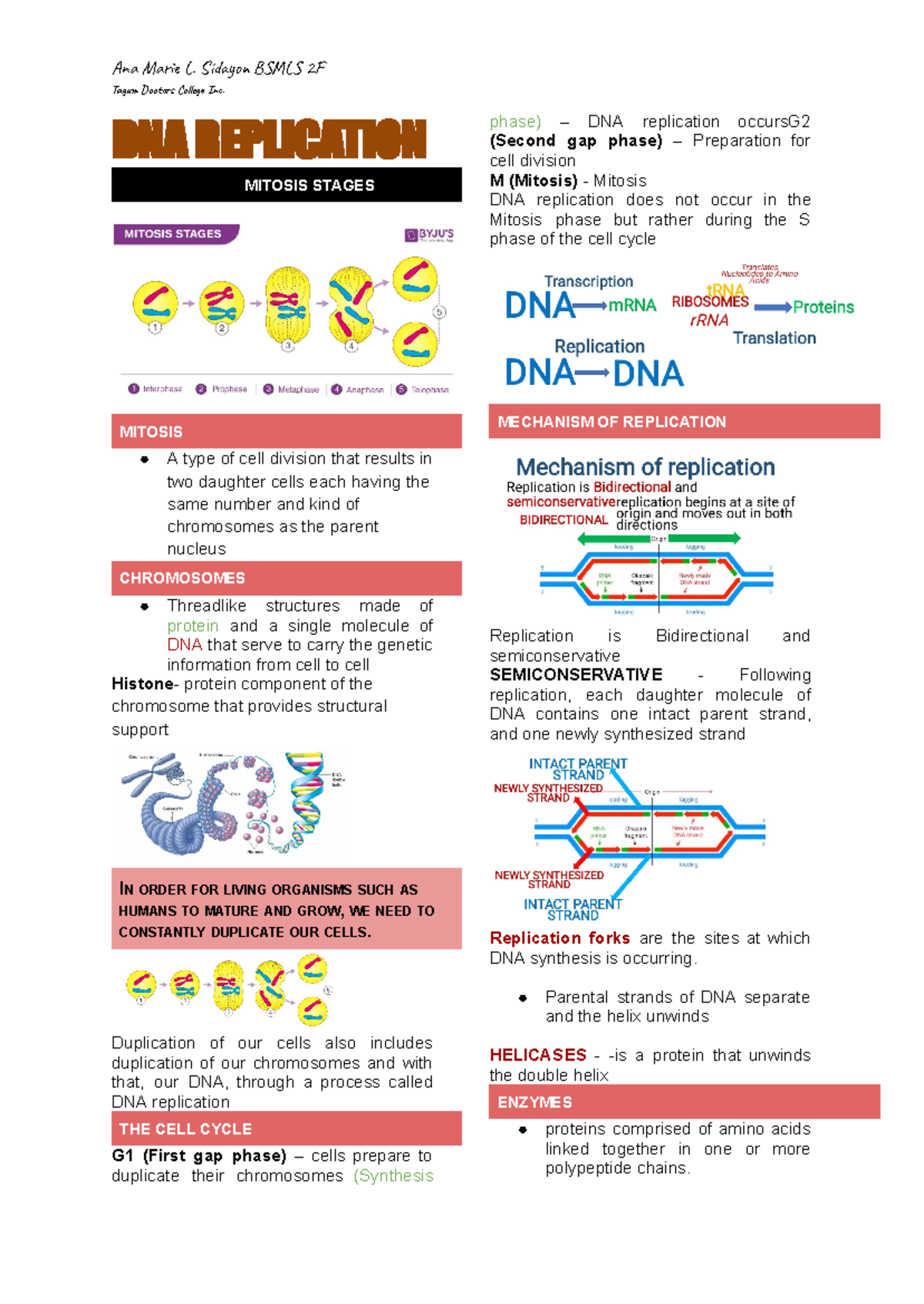 Biochem LEC Reviewer 1 - Tag Docs Col In. DNA REPLICATION MITOSIS ...