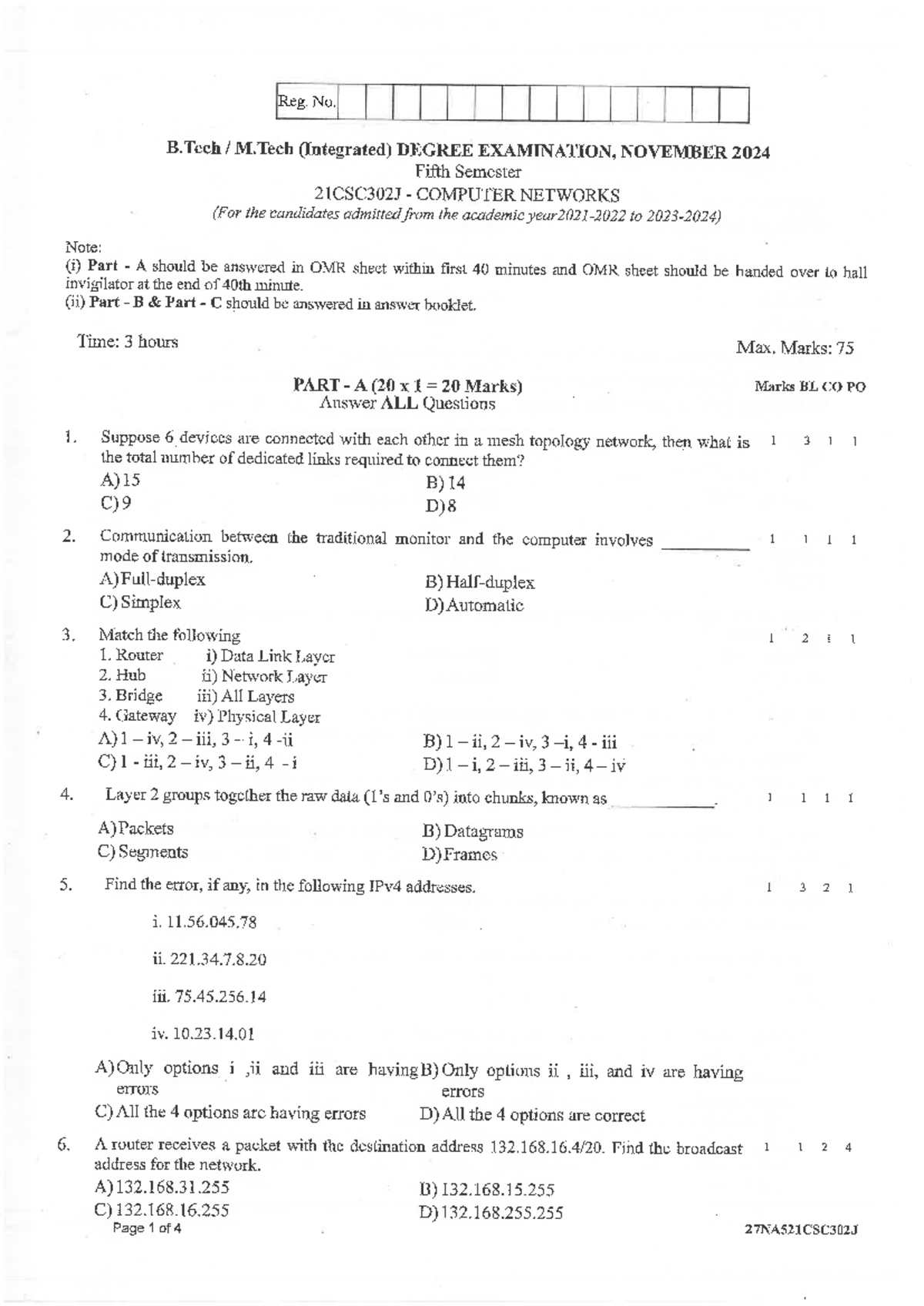21CSC302J - Computer Networks Final Exam Question Paper - Studocu