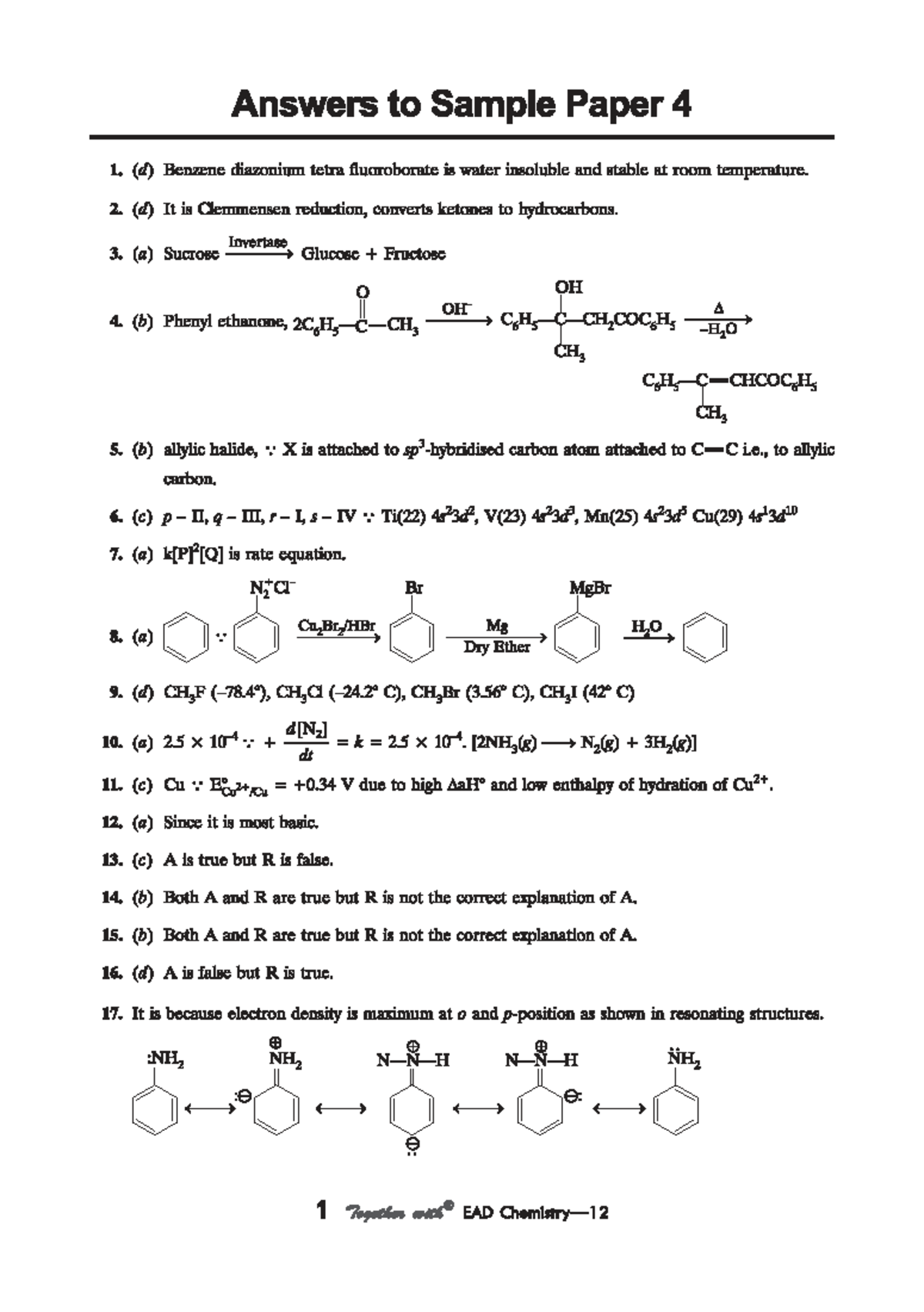 CBSE Class 12 EAD Chemistry 2026 Edition: Answers to Sample Paper 4 ...