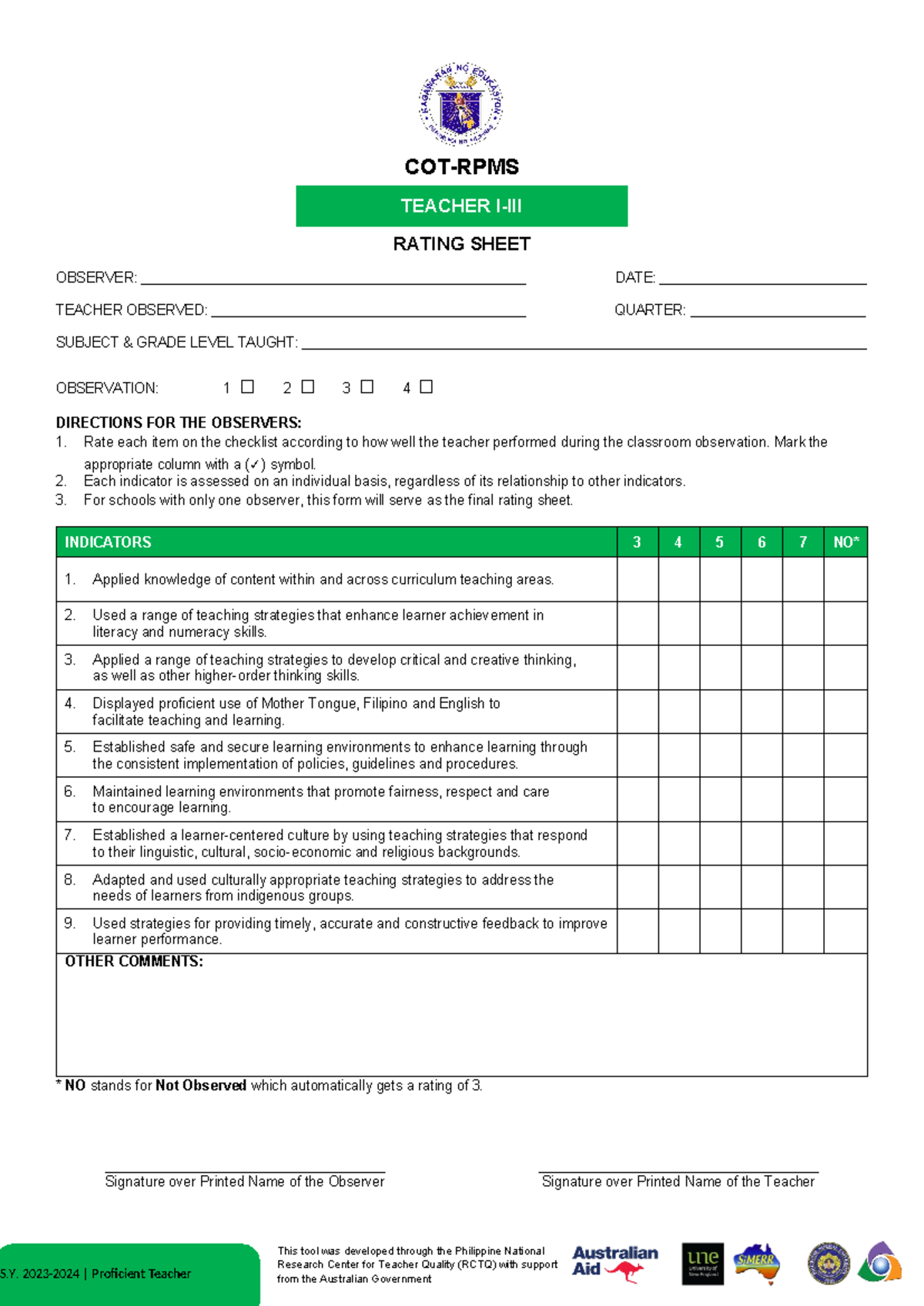 Rating Sheet for T I-III for SY 2023-2024 - TEACHER I-III COT-RPMS ...