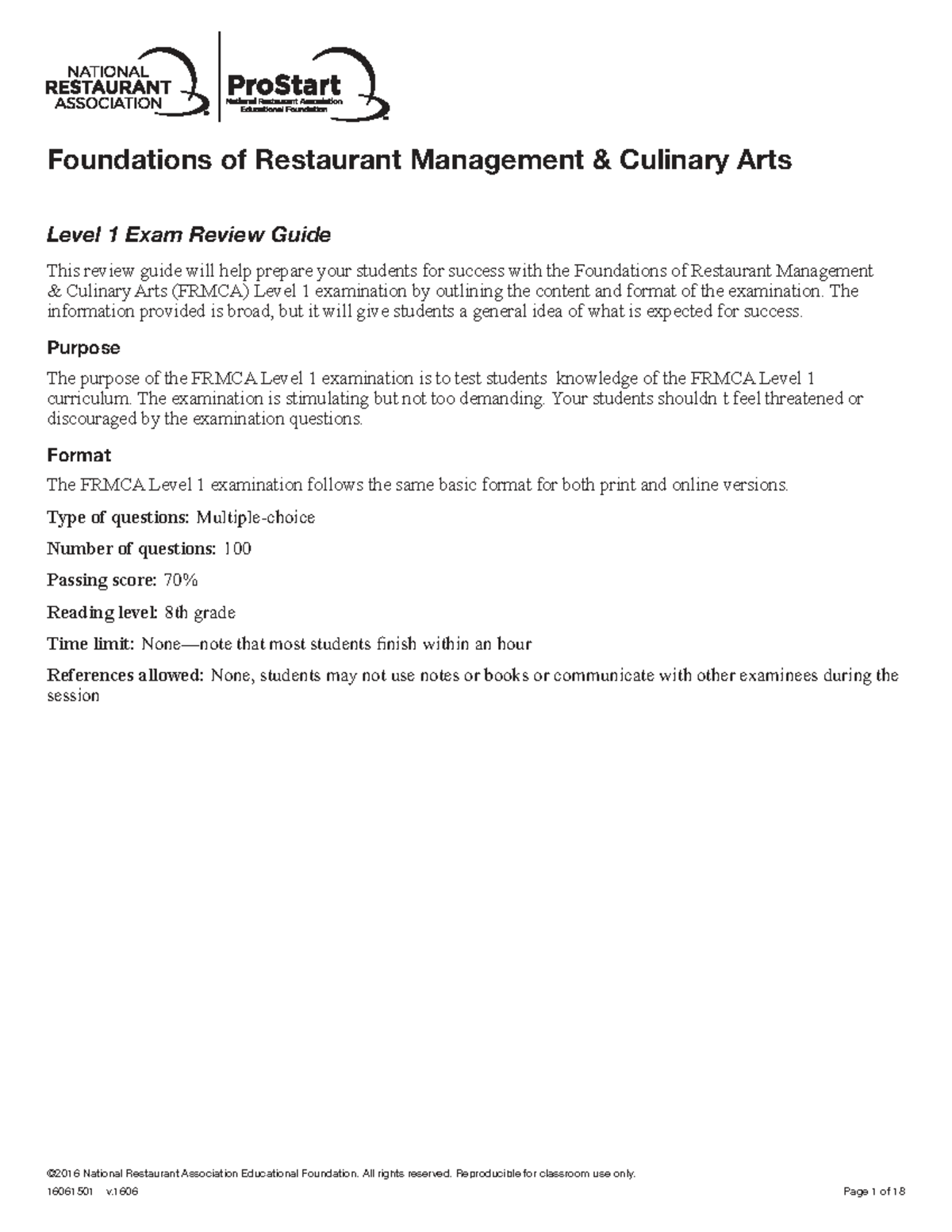 FRMCA Level 1 Exam Review Guide: Success in Culinary Arts - Studocu