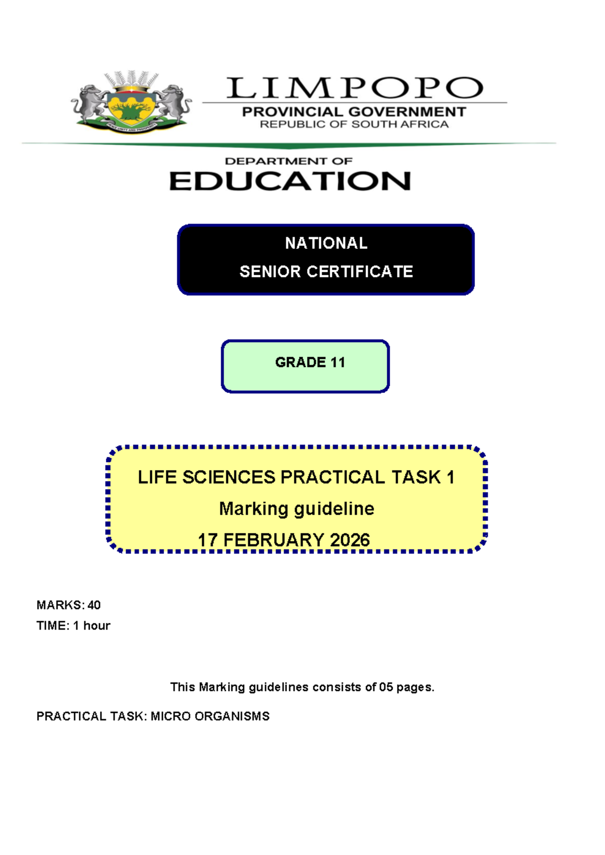 Nsc Grade 11 Life Sciences Practical Task 1 Marking Guidelines Feb
