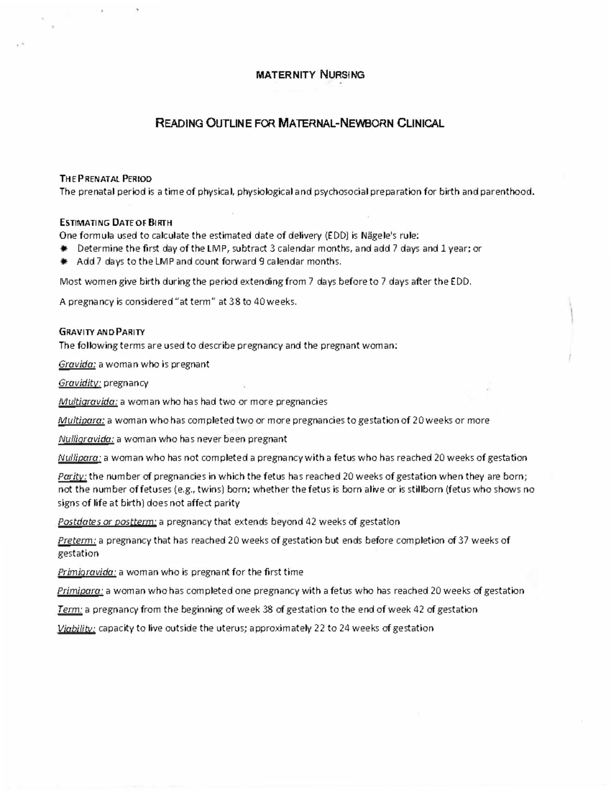 OB Lecture Notes: Maternity Reading Outline for Clinical Prenatal ...