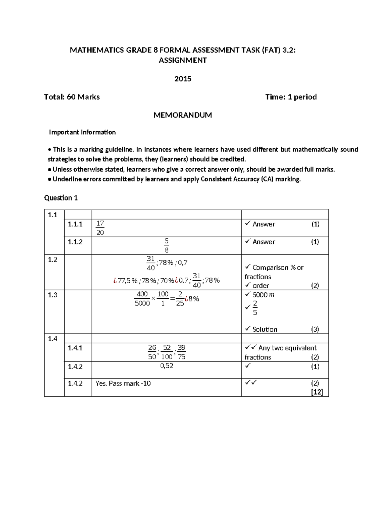 MATHEMATICS GRADE 8 FORMAL ASSESSMENT TASK (FAT) 3.2 MEMORANDUM - Studocu