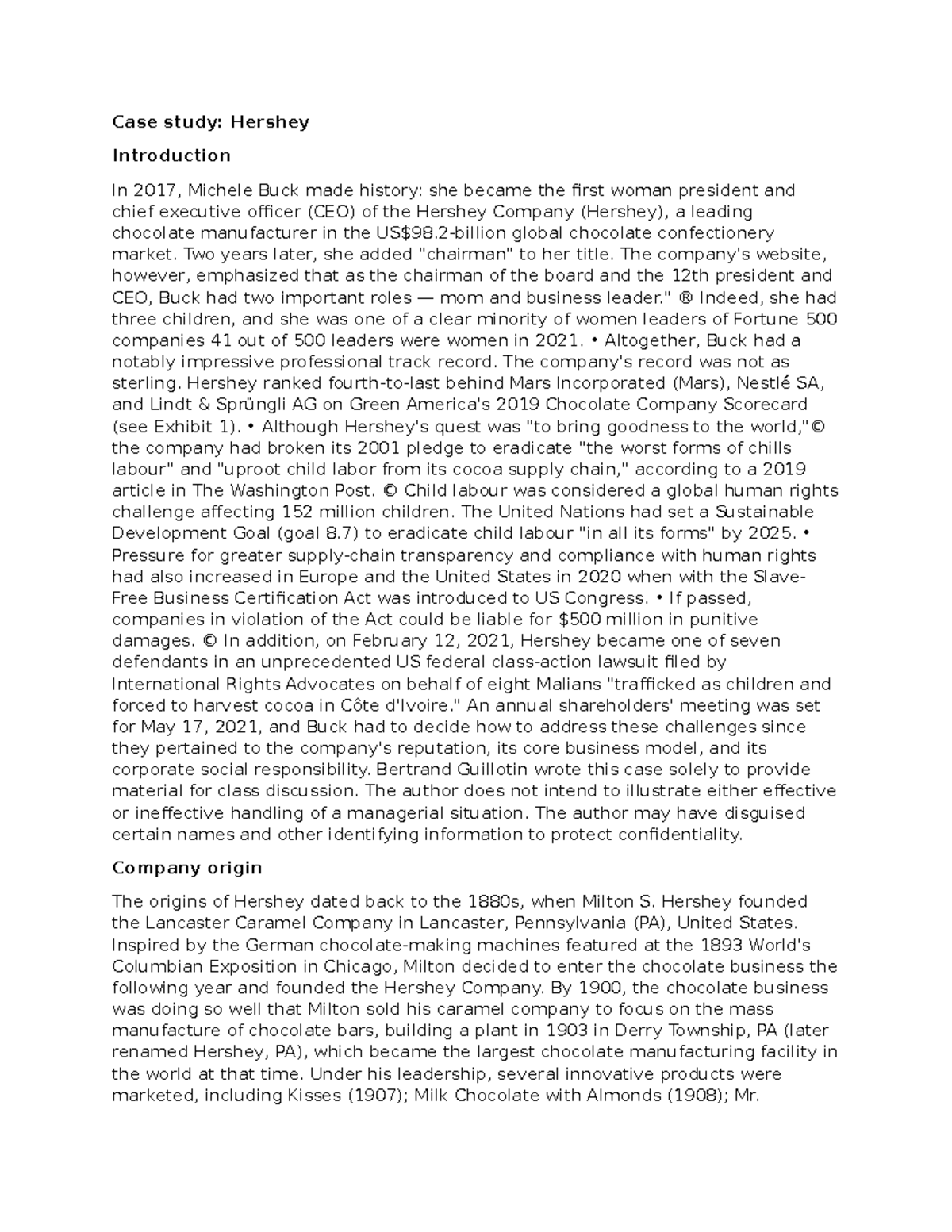 Case Study: Hershey's Leadership and Ethical Challenges (BUS 101) - Studocu