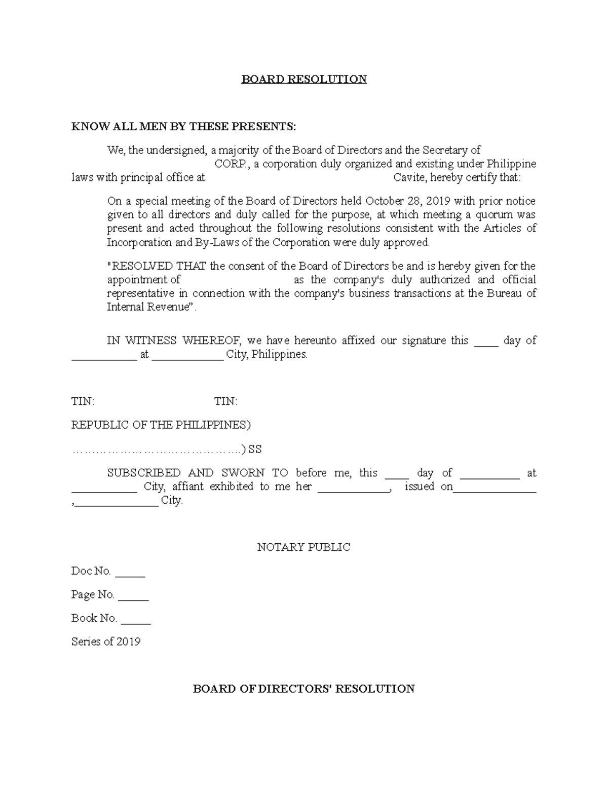 Board Resolution for Director's Appointment and BIR Registration - Studocu