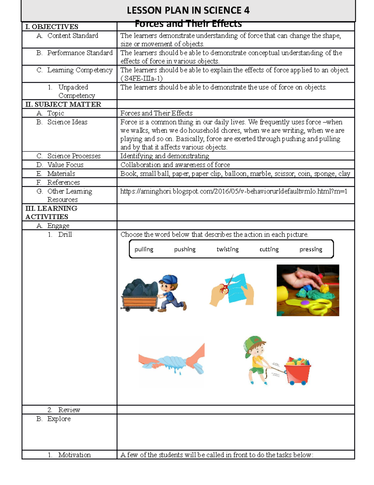 SCI 2 Lesson Plan - Understanding Forces and Their Effects - Studocu
