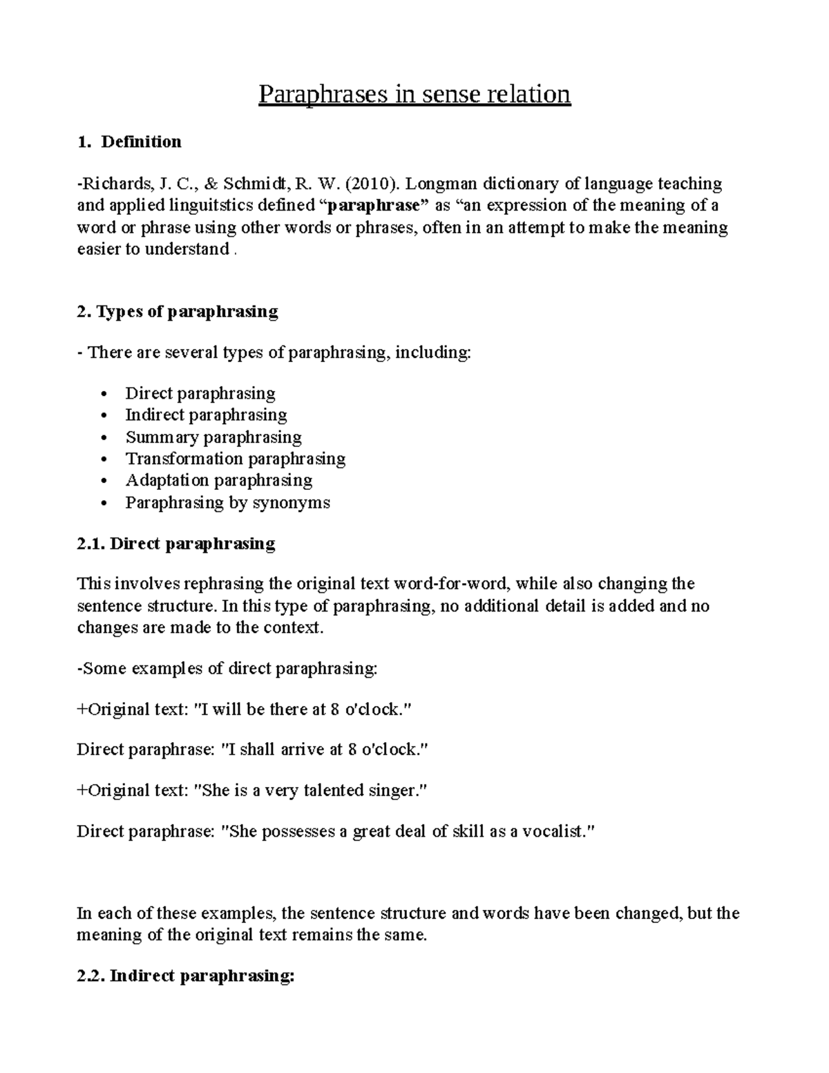 Paraphrasing Techniques in Sense Relation - Draft Notes - Studocu