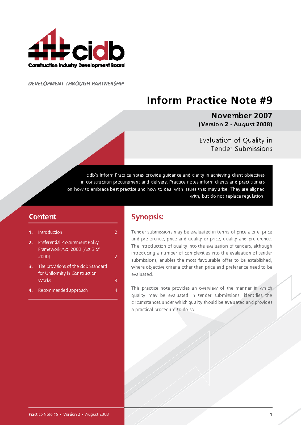 Practice Note 9: Evaluating Quality in Tender Submissions - CIDB - Studocu