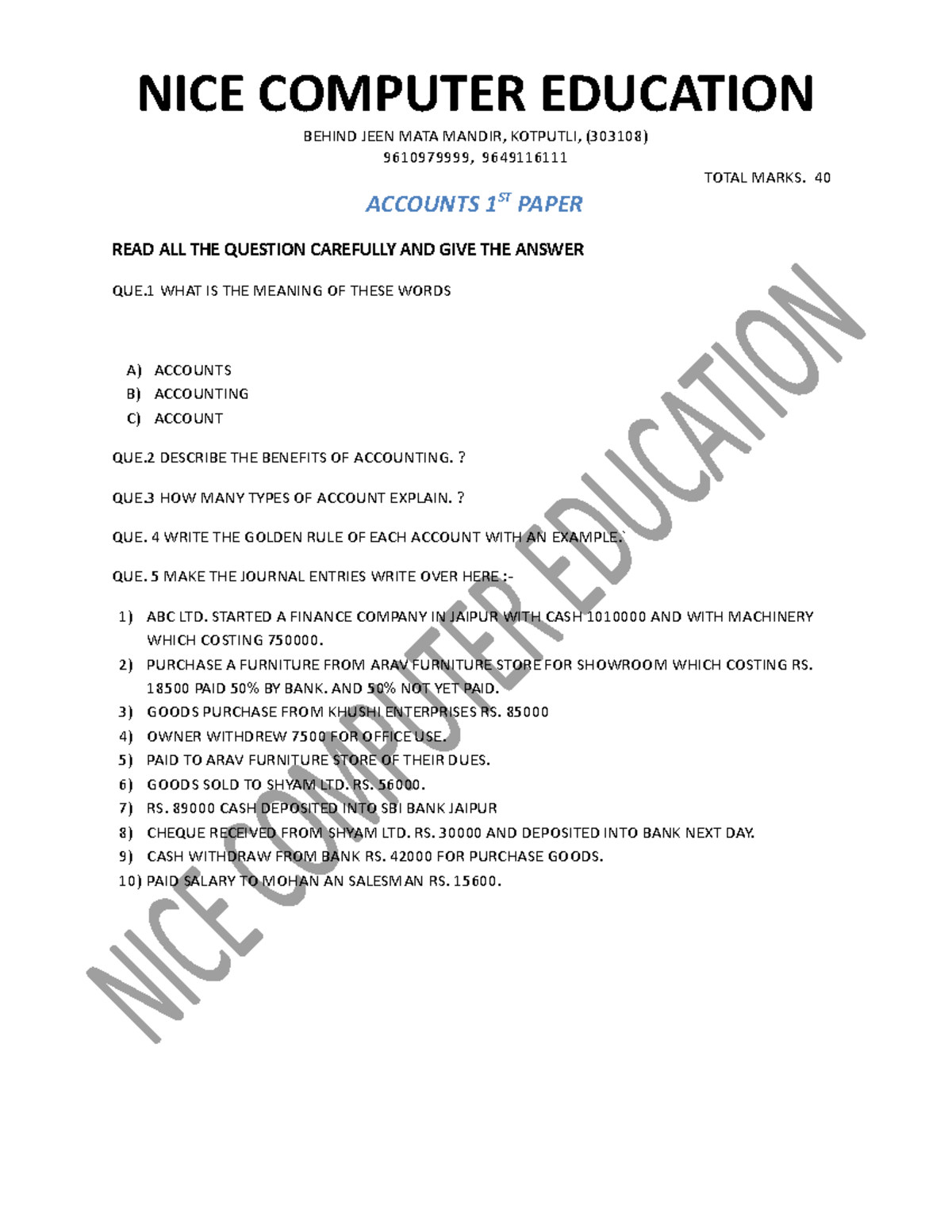Accounts 1st Paper: Practice Journal Entries & Concepts - Studocu