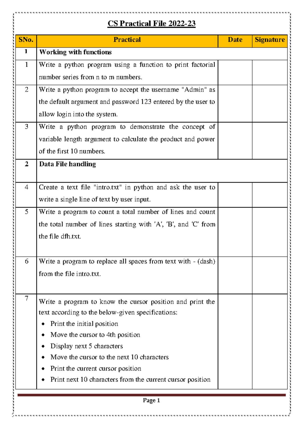 CS Practical File 2022-23: Class 12 Exercises & Projects - Studocu