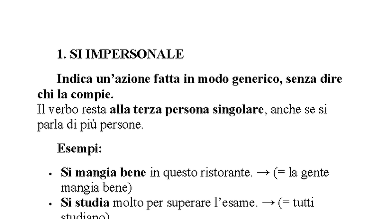 SI Impersonale e SI Passivante: Guida Completa - Studocu