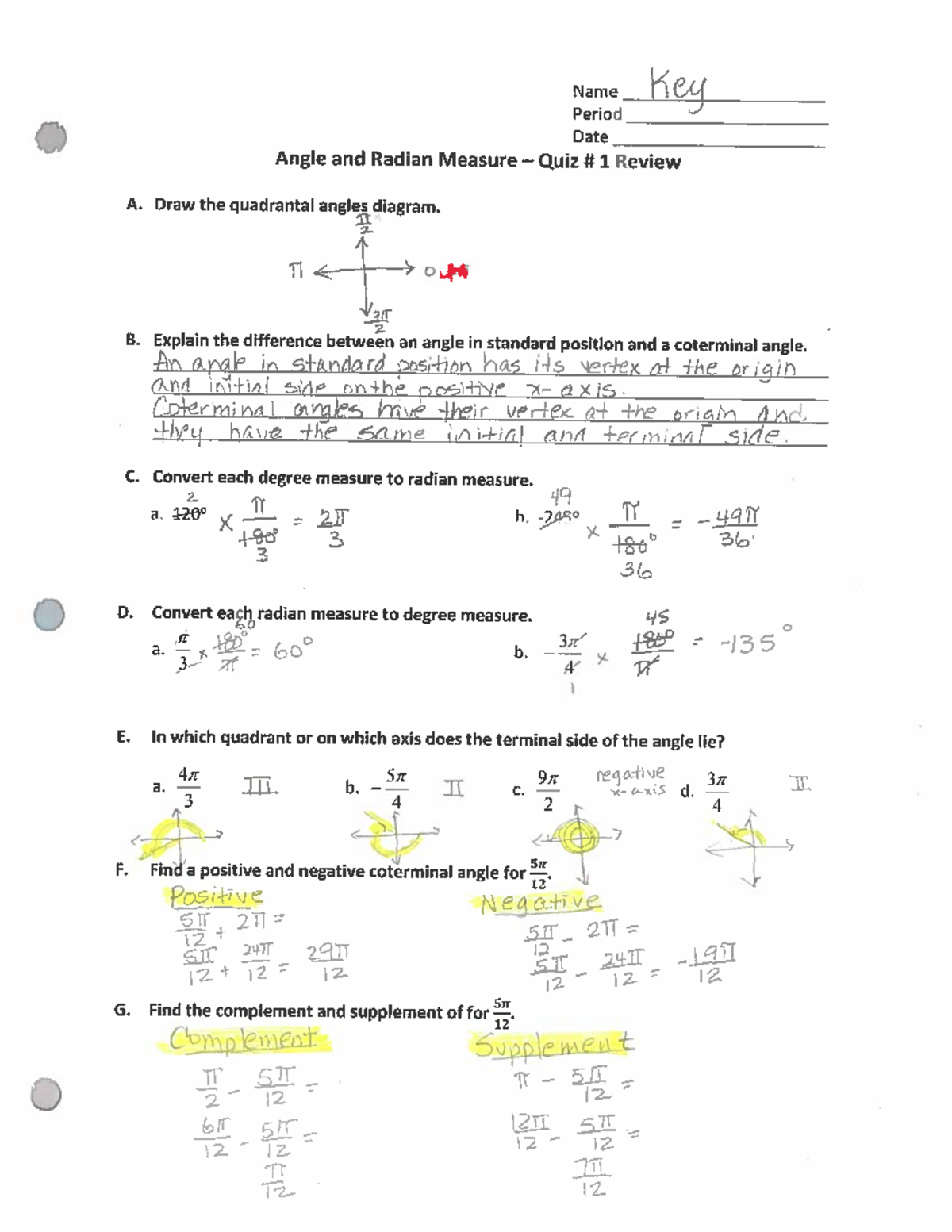 Angle and Radian Measure Quiz 1 Review Document - Studocu