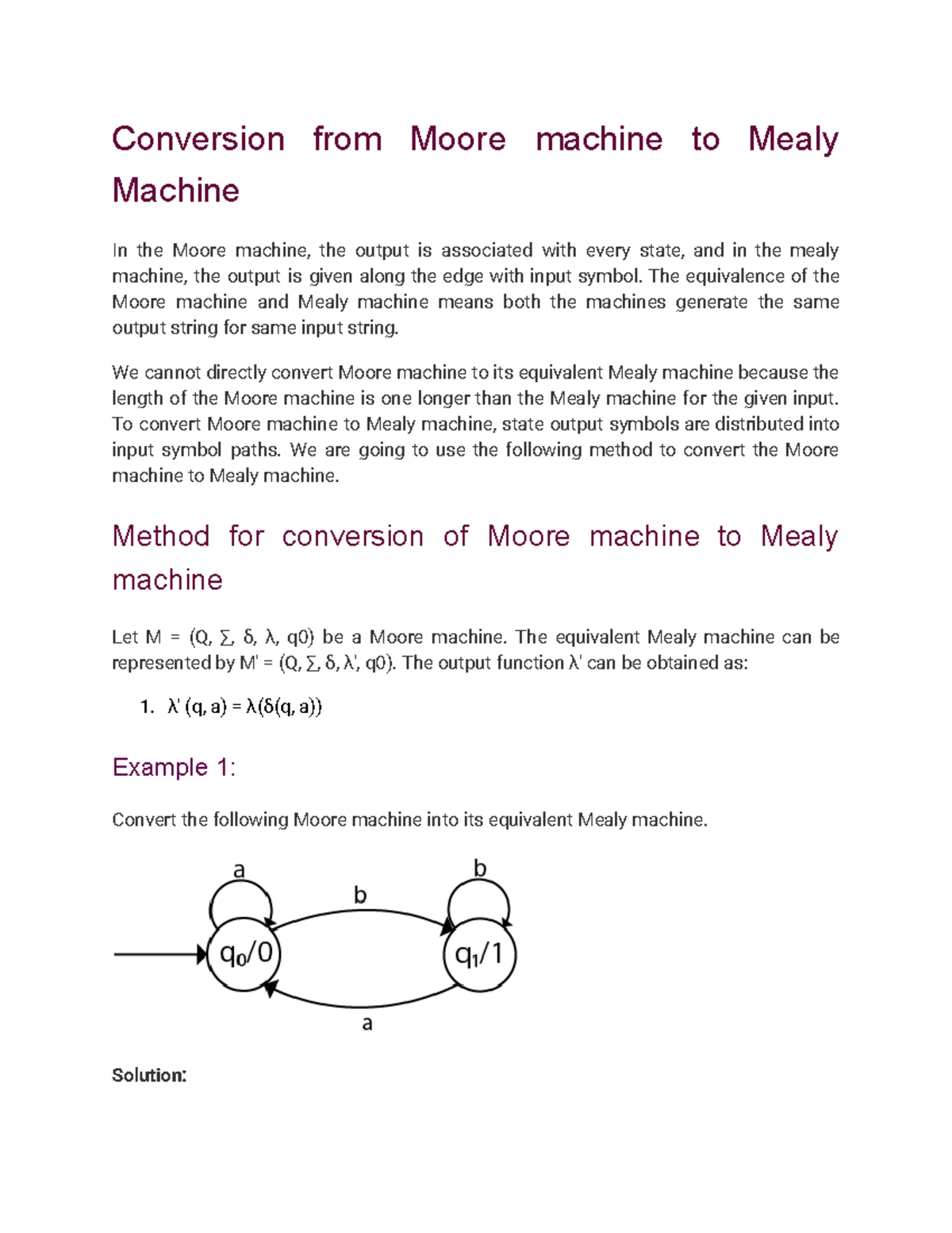 Conversion from Moore Machine to Mealy Machine - Q-Bank 1 (Pt 13) - Studocu