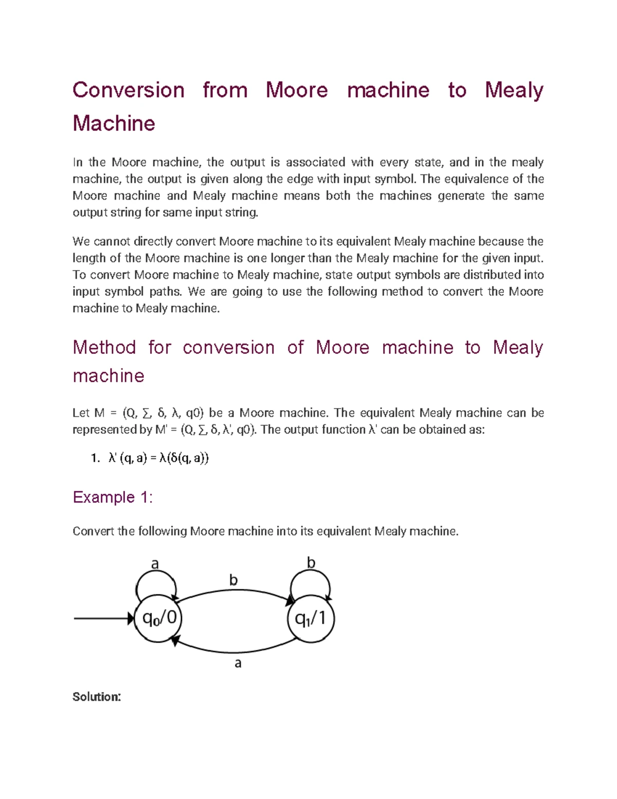Question BANK – 1 (Part 11) - Moore Machine Moore machine is a finite ...