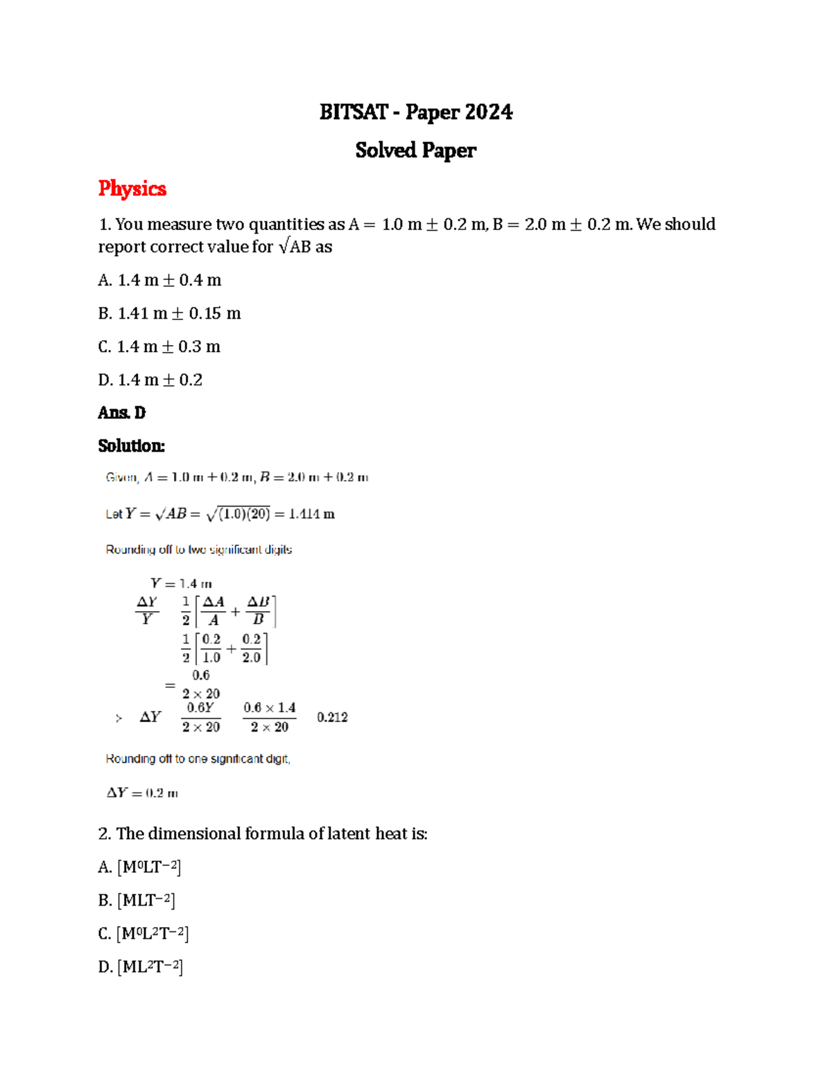 BITSAT 2024 Solved Paper: Physics Questions and Solutions - Studocu