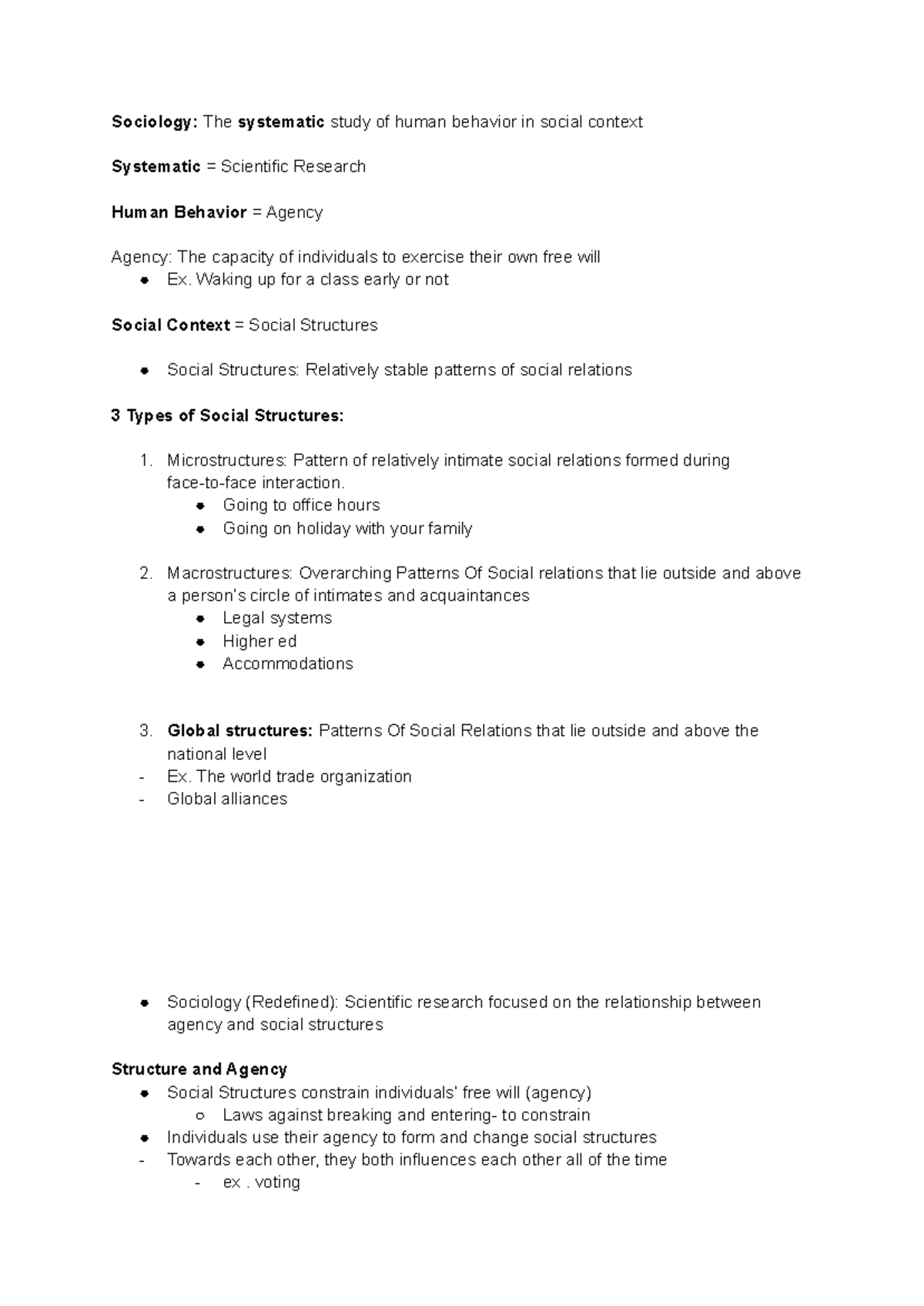 Soc 1020: Notes on Agency and Social Structures in Sociology - Studocu
