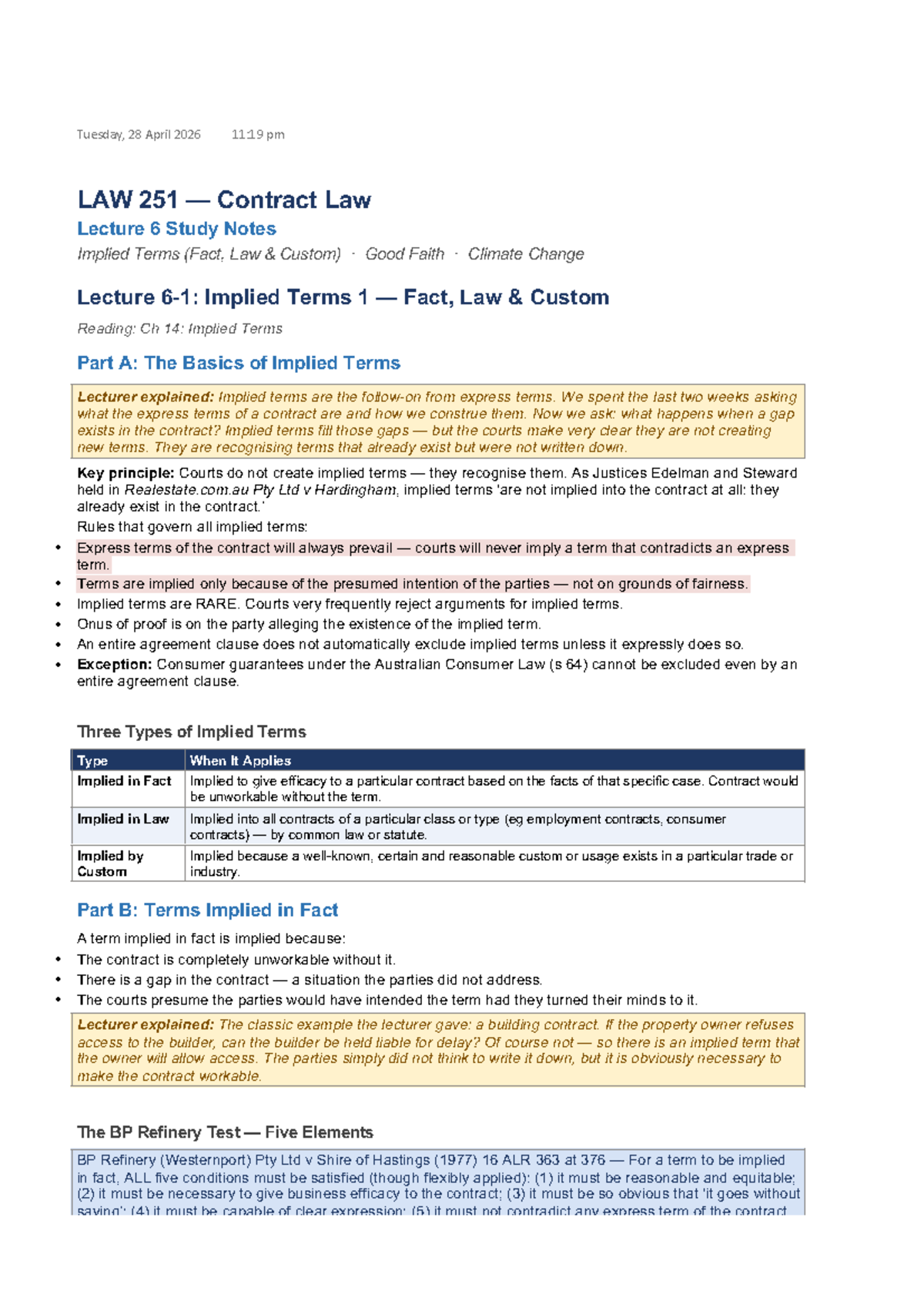 LAW 251 Contract Law Lecture 6 Study Notes: Implied Terms & Good Faith ...