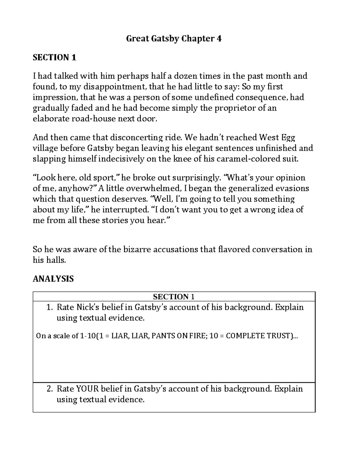 Gatsby Chapter 4 Analysis Worksheet for GC - Studocu