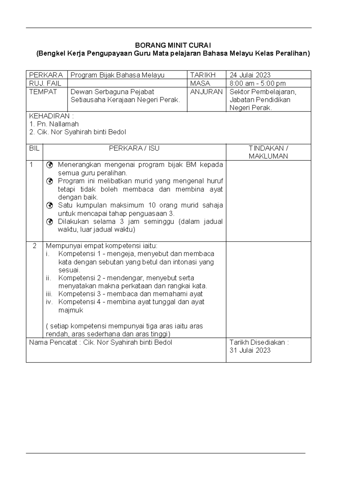 MINIT CURAI Program Bijak Bahasa Melayu Kelas Peralihan - 24 Jul 2023 ...