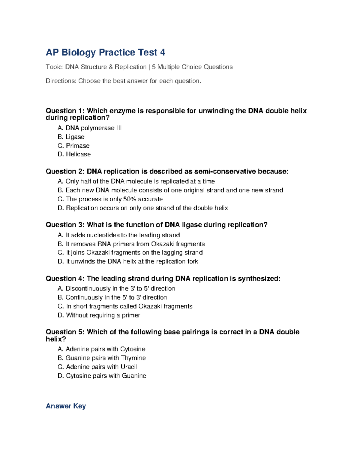 AP Biology Practice Test 4: DNA Structure & Replication MCQs - Studocu