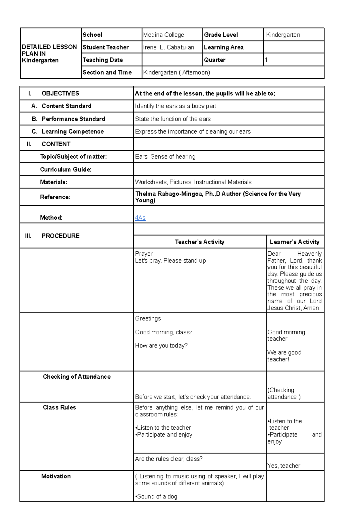 Ears Lesson Plan - Kindergarten (Demo) August 2025 - Studocu