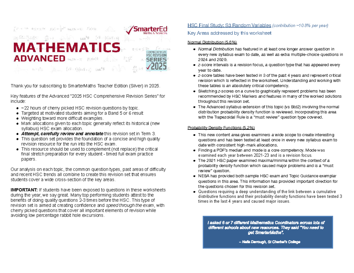 2025 HSC Comprehensive Revision: Advanced Statistics S3 - Studocu
