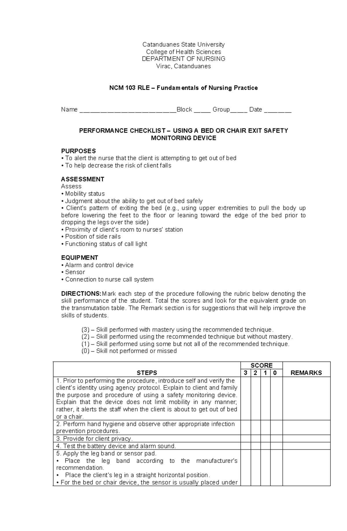 NCM 103 RLE Performance Checklist: Bed/Chair Exit Safety Device - Studocu