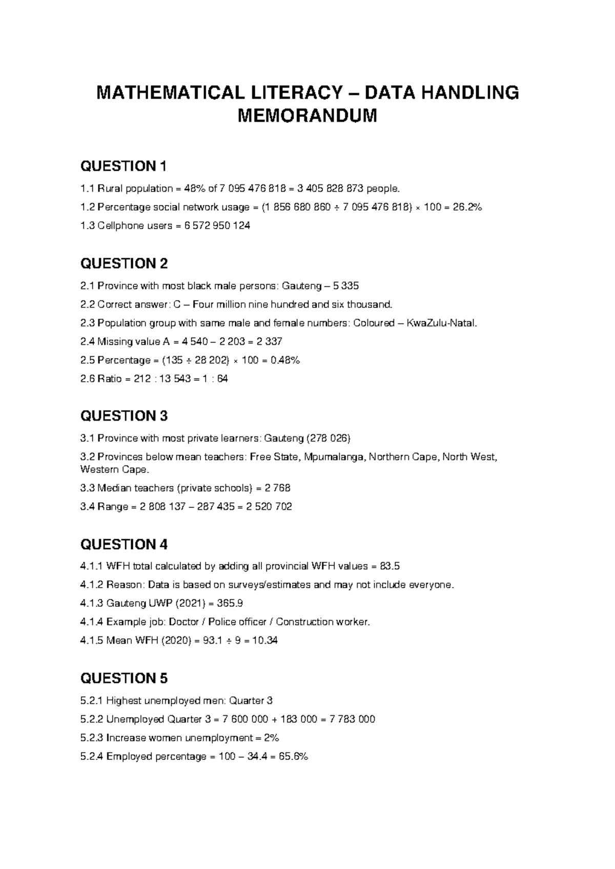 MATHEMATICAL LITERACY DATA HANDLING MEMO - Q1 to Q5 Analysis - Studocu