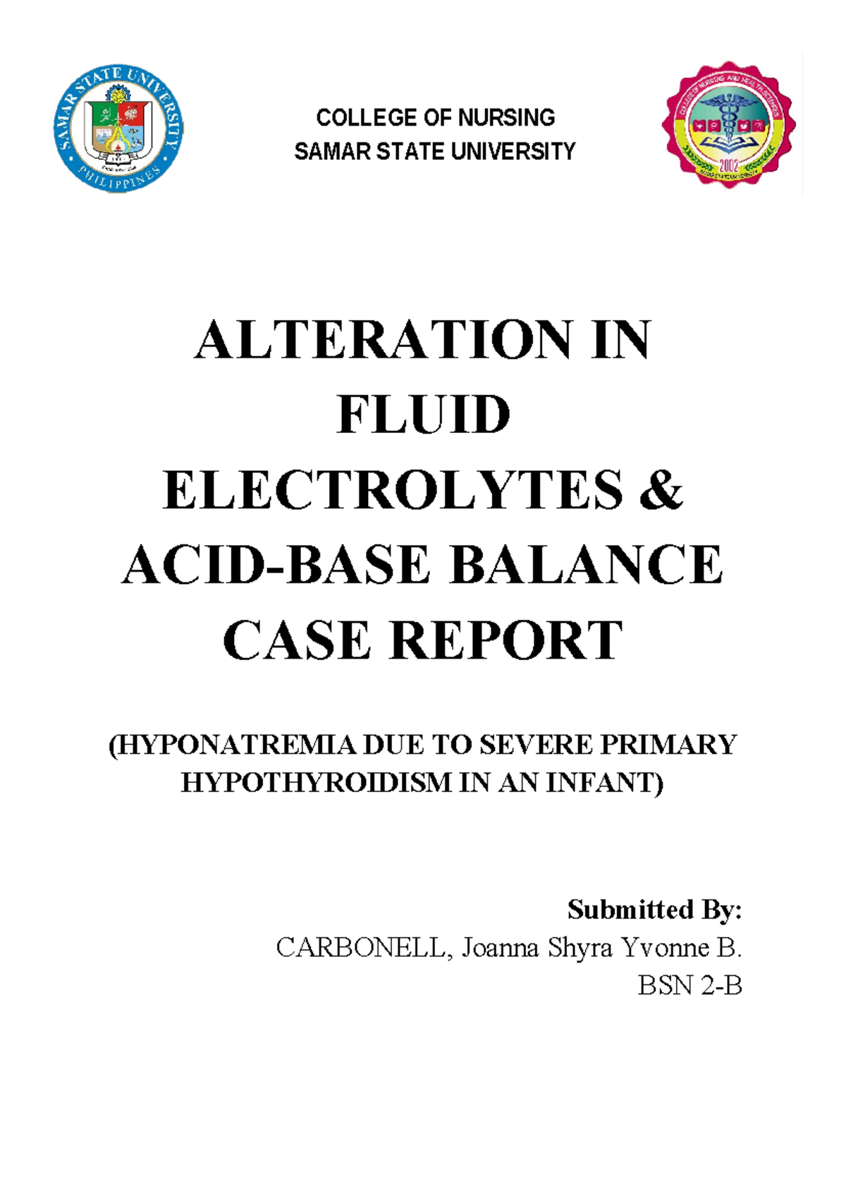 Case Study BSN 2-B: Hyponatremia from Primary Hypothyroidism in an ...