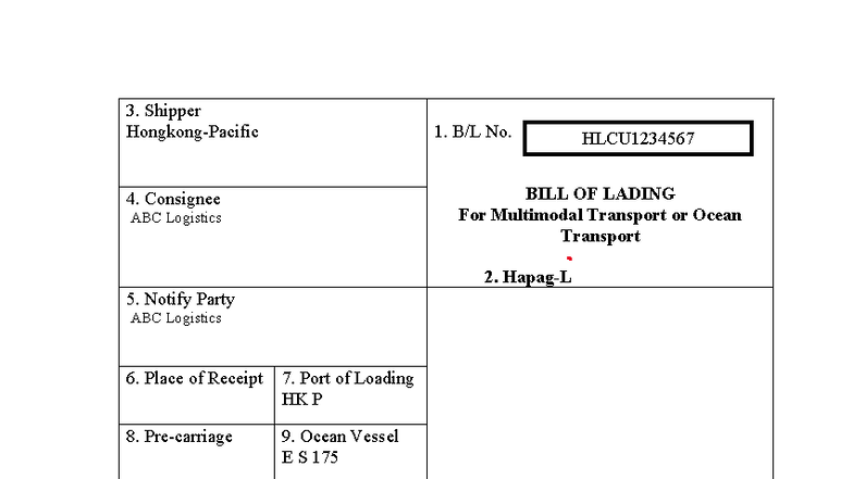 MBL OT - Bill of Lading for Multimodal Transport HLCU1234567 - Studocu