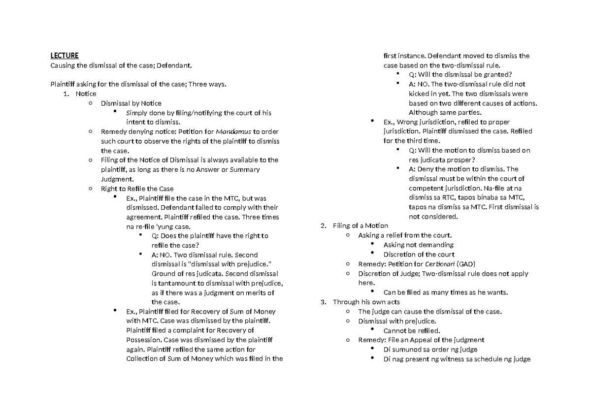 CIV PRO LECTURE: Dismissal of Defendant & Plaintiff's Rights - Studocu