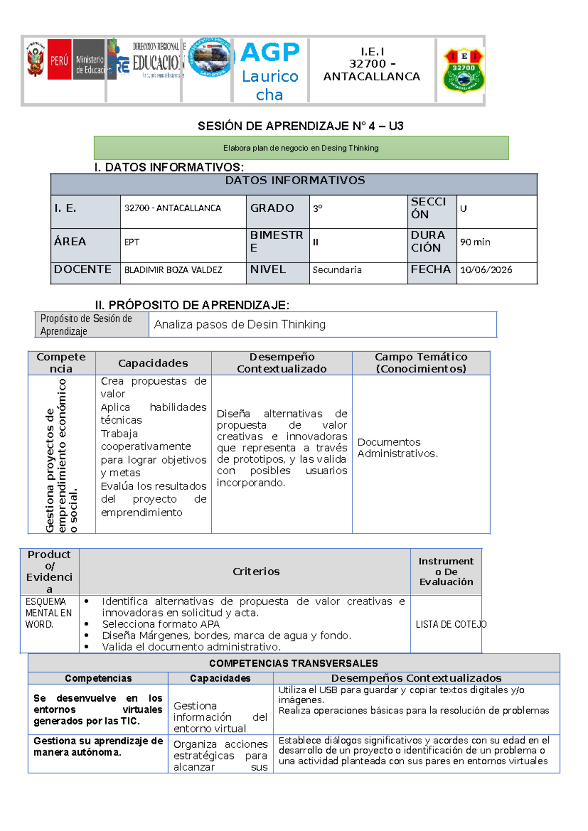 AGP I.E.I 32700 ANTACALLANCA Sesión de Aprendizaje 4: Plan de Negocio ...