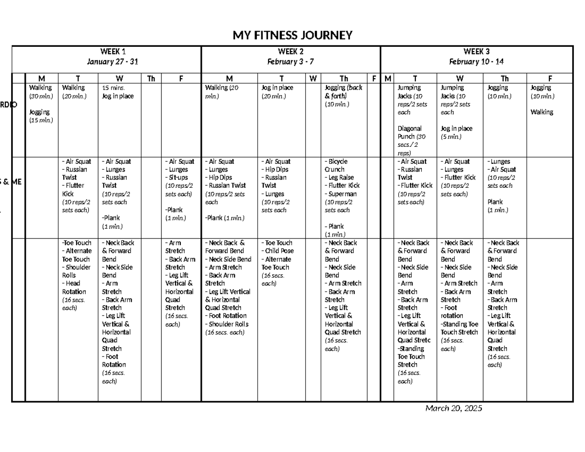 RDIO S ME MY FITNESS JOURNEY: Weekly Workout Plan (Jan-Feb) - Studocu