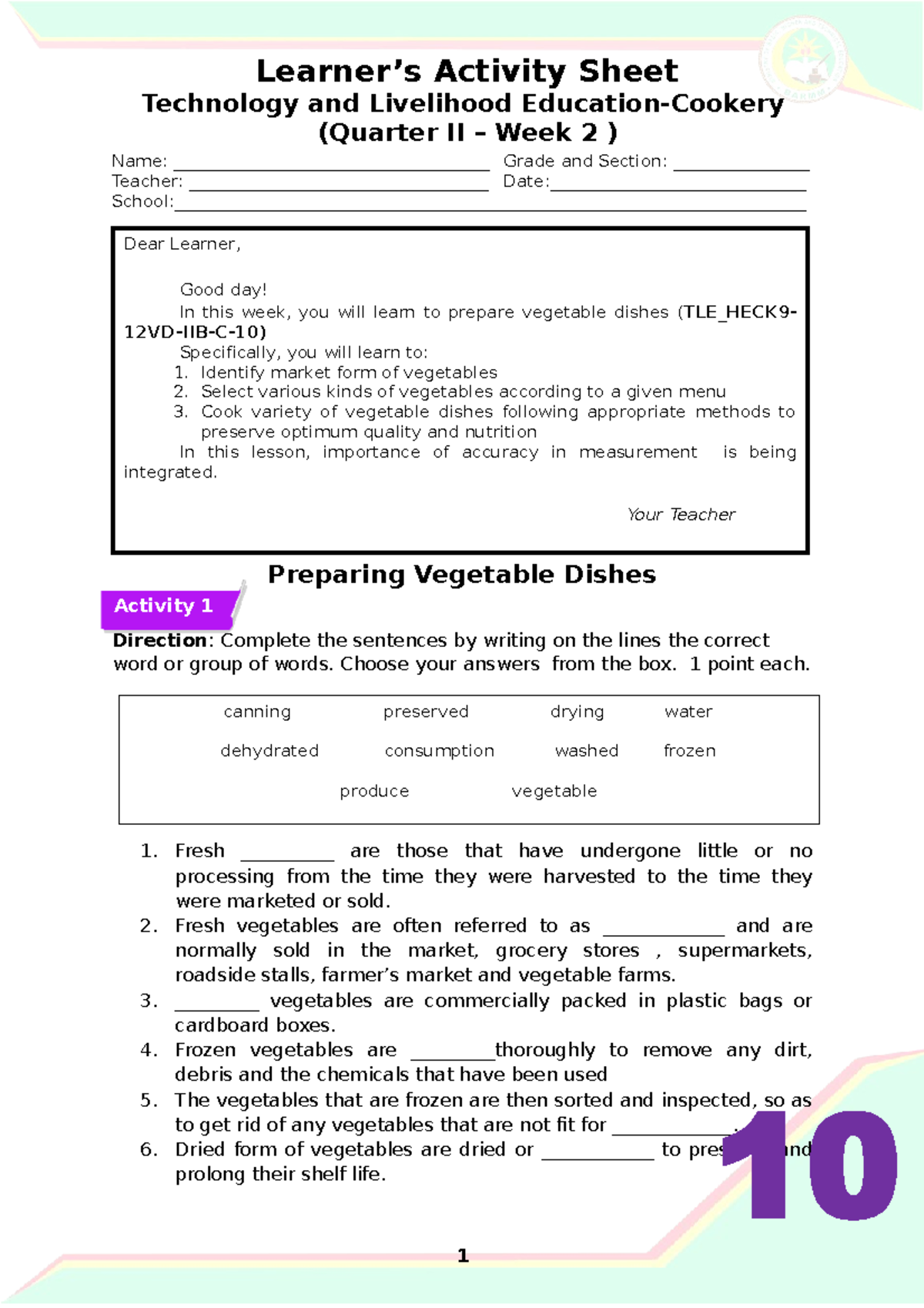 G10 TLE Cookery Q2 W2 - Preparing Vegetable Dishes Activities - Studocu