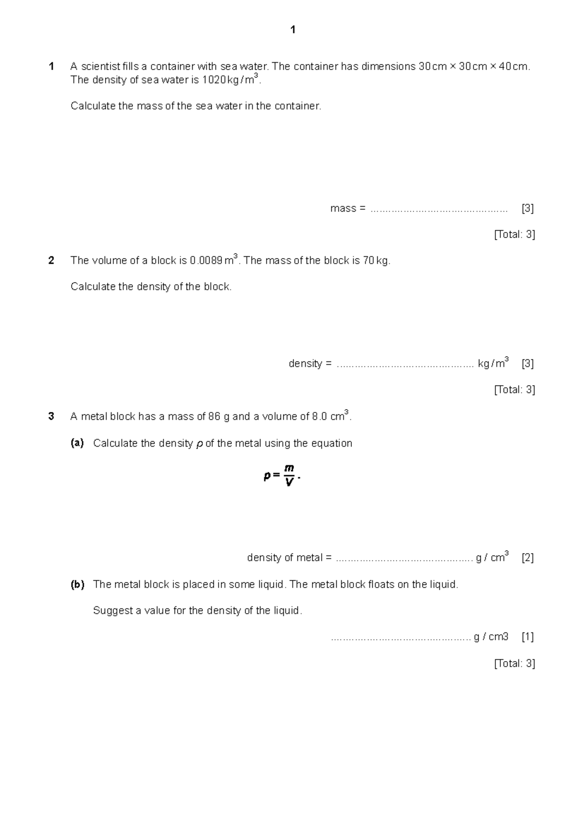 Pre-IB Physics: Density Calculations and Experiments - Studocu