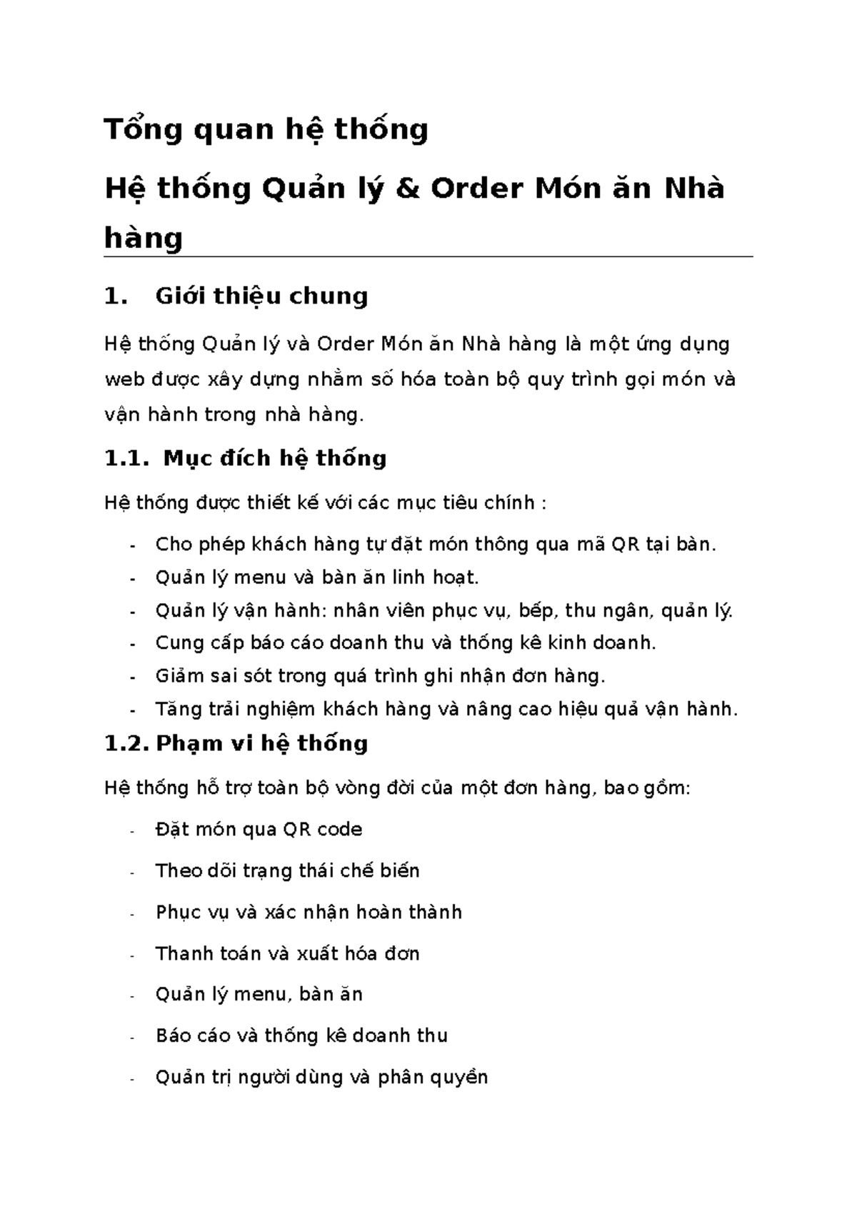 Tổng quan Hệ thống Quản lý Order Món ăn Nhà hàng - Ứng dụng Web - Studocu