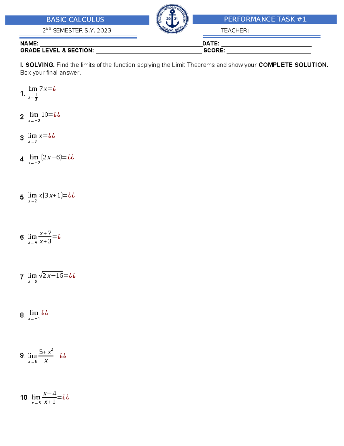 Basic CAL PT#1 - TEACHER: PERFORMANCE TASK 2 ND SEMESTER S. 2023- 2024 ...