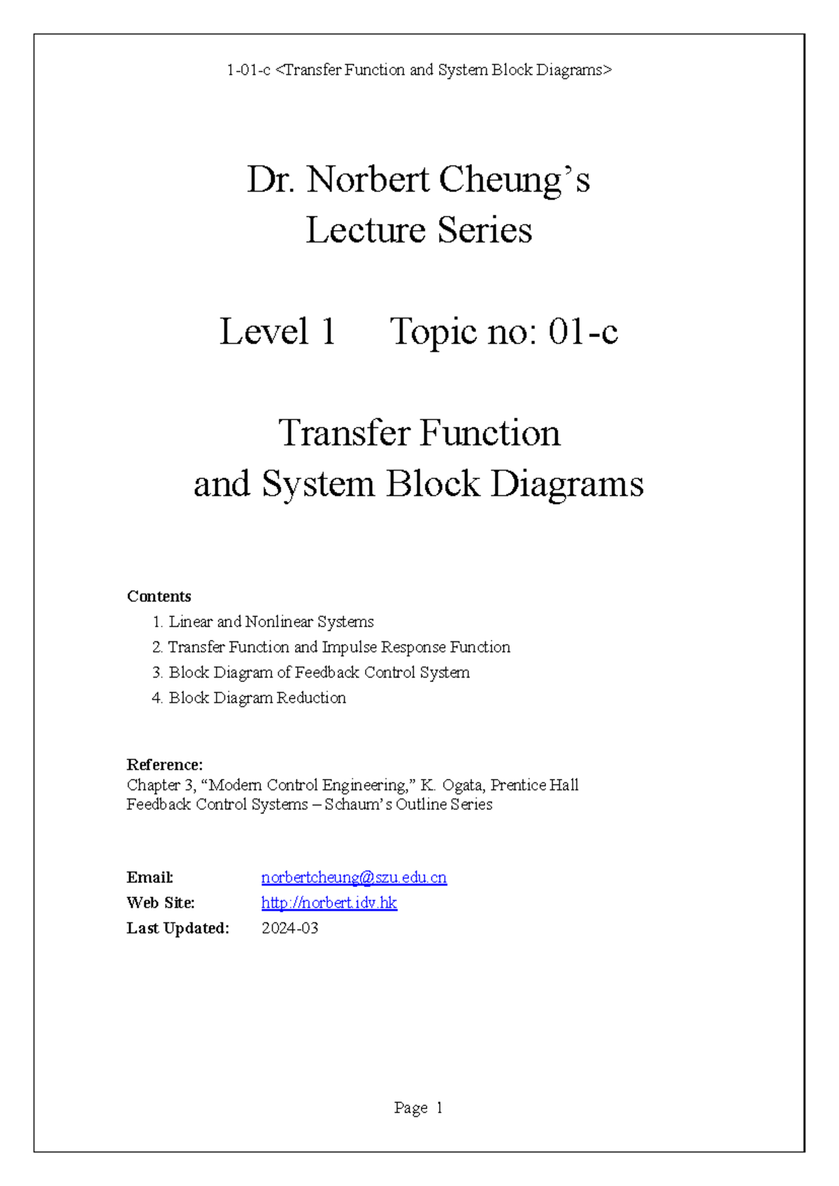 1-01-c Transfer Functions & Block Diagrams in Control Systems - Studocu