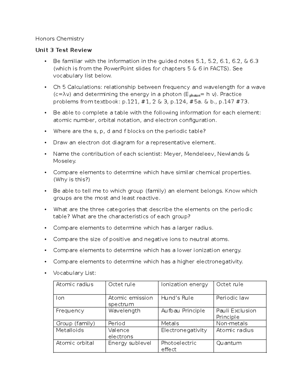 Honors Chemistry Unit 3 Test Review: Key Concepts & Practice - Studocu