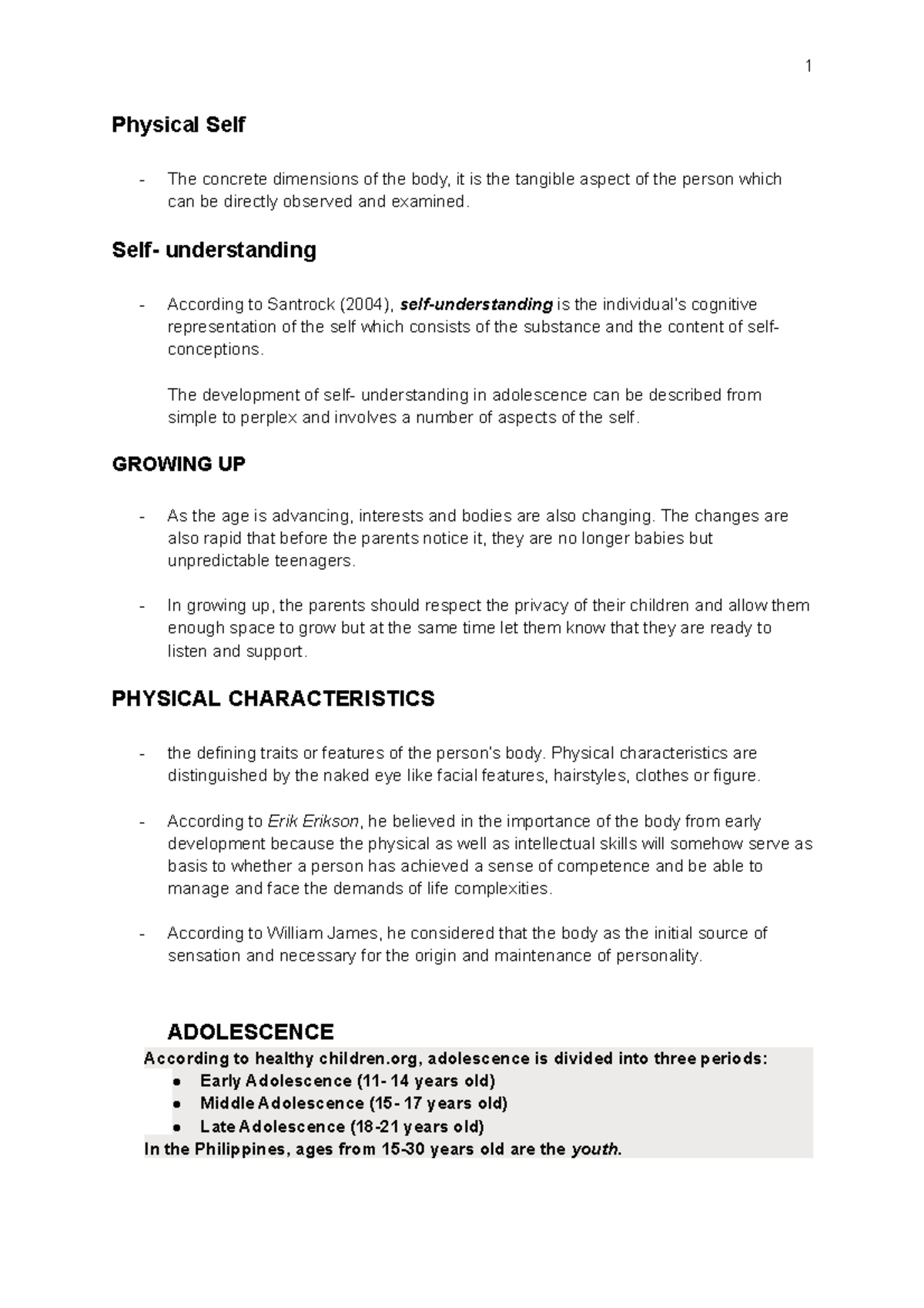 Physical-Self understanding the self - Physical Self The concrete ...