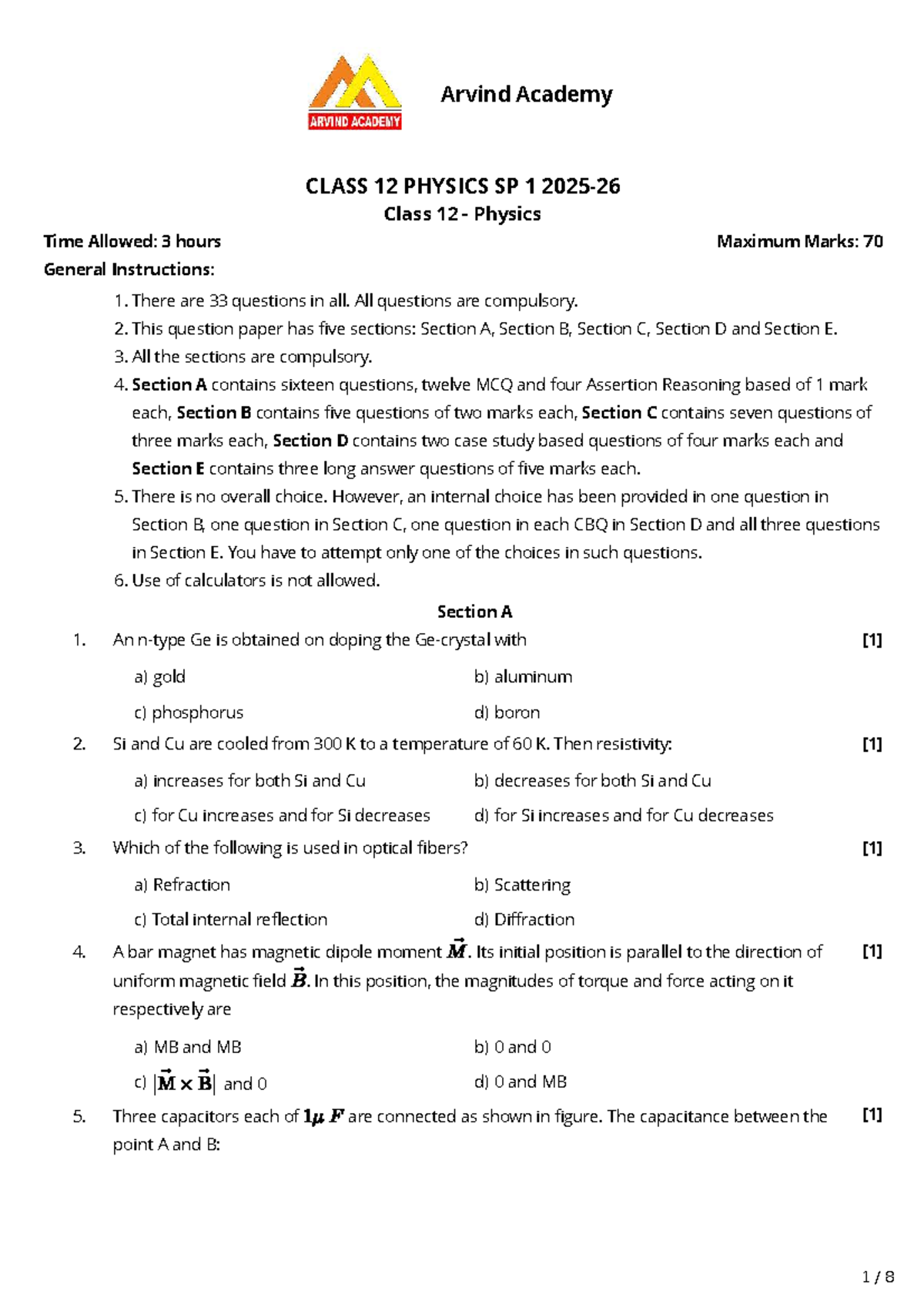 Class 12 Physics Sample Paper SP 1 - Time: 3 Hours, Max Marks: 70 - Studocu