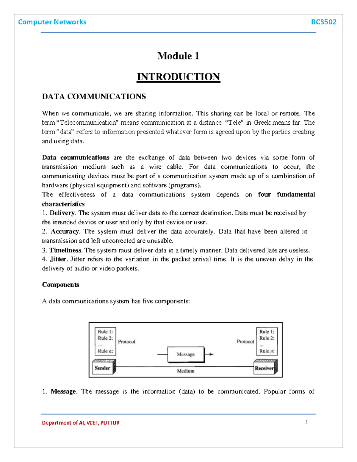 Computer Networks BCS502 Module 1: Introduction to Data Communications - Studocu