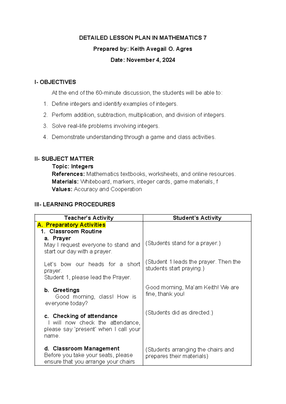 Detailed Lesson Plan on Integers for Math 7 (4AS) - Studocu