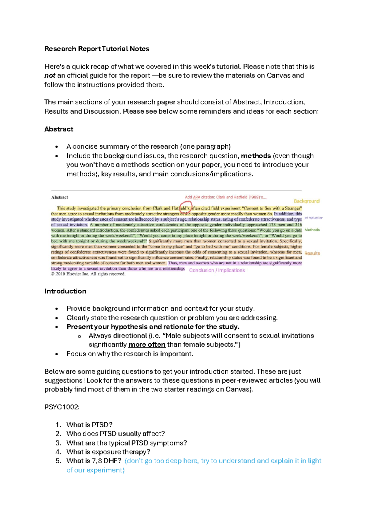 PSYC1002: Research Report Tutorial Notes - Key Sections Recap - Studocu