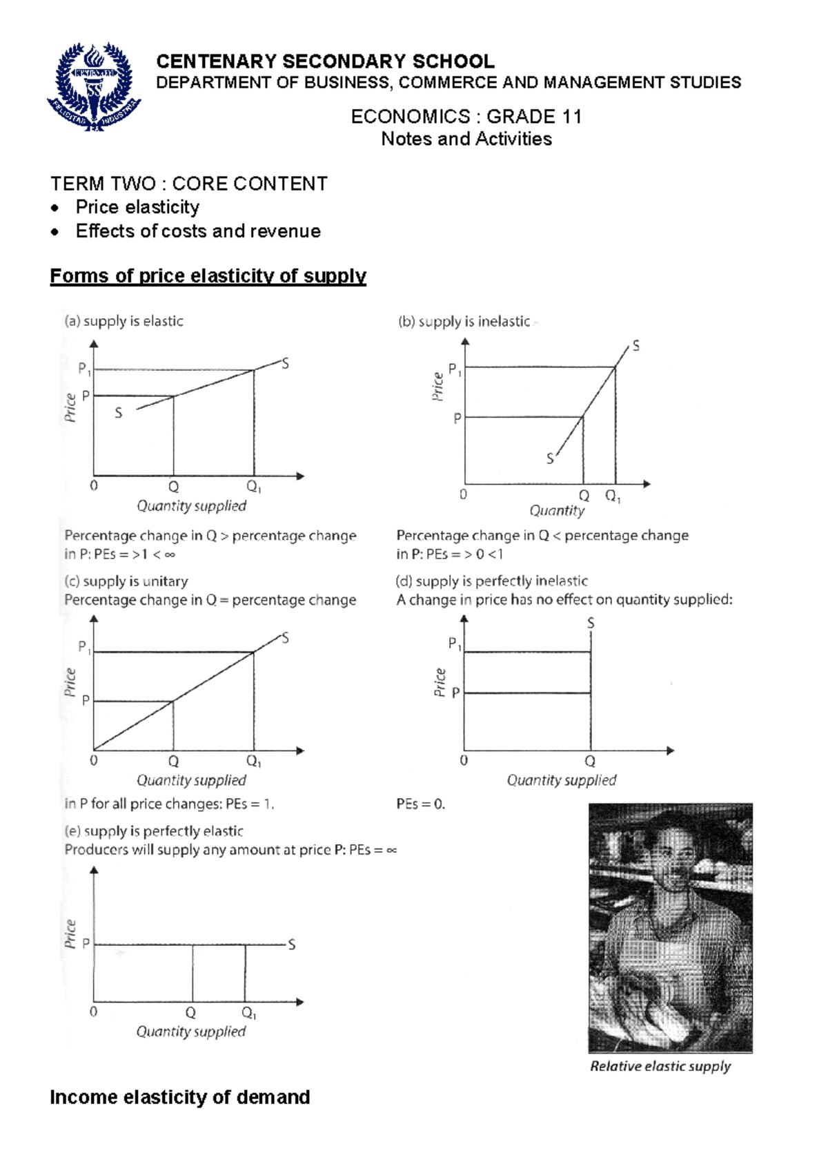Grade 11 Economics: Term 2 Notes on Price Elasticity & Costs - Studocu