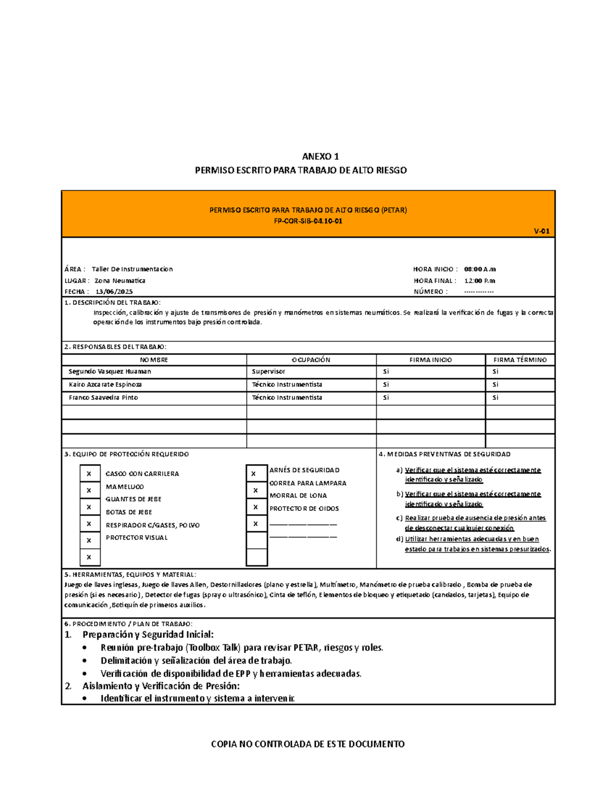 Permiso Escrito para Trabajo de Alto Riesgo (PETAR) en Sistemas Neumáticos - Studocu
